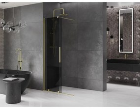 Mexen Velar, sprchová zástěna s posuvnými dveřmi Walk-in 90 x 200 cm, 8mm šedé sklo, zlatá matná, 871-090-000-43-55