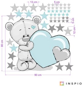 INSPIO Samolepka na zeď - Plyšový medvídek v mentolové barvě s hvězdami a jménem