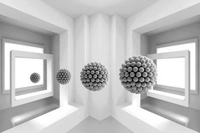 Tapeta černobílé 3D koule v prostoru - 150x100 cm