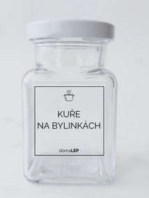 Samolepka na kořenky KUŘE NA BYLINKÁCH průhledná  5 × 5 cm základní písmo