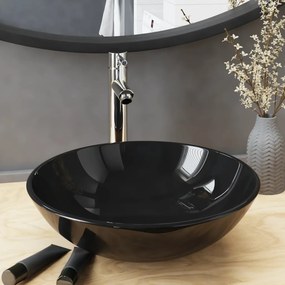 Koupelnové umyvadlo s baterií a výpustí černé tvrzené sklo 3098449