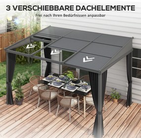 Pergola Outsunny, 3,65 x 2,55 m, Pavilon, Kryt terasy s posuvnou střechou, Zahradní pergola s závěsy, pro zahradu, dvůr, Hliník + kov, Tmavě šedá