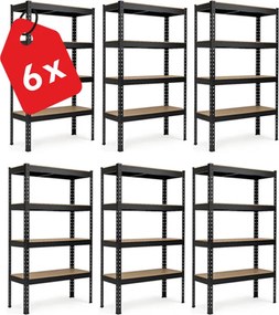 Regál 180x160x50 cm profesionální 4-policový, nosnost 1600 kg - černý - 6ks