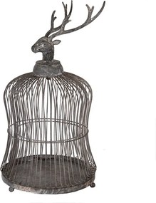 Šedá antik kovová dekorace ptačí klec jelen Deer - Ø 26*50 cm