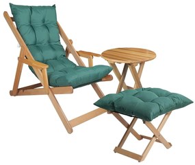 Zelené skládací venkovní křeslo s područkami, taburet a stolek Bisi Lounge plus