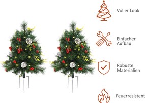 HOMCOM Sada 2 vánočních stromků, umělý mini vánoční stromek s LED světly, plast, kov, rozměry 33 x 75 cm, zelená