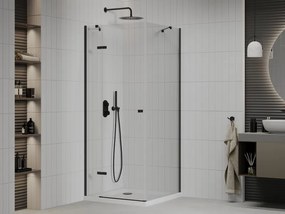 Mexen Roma, sprchový kout s 1-křídlými dveřmi 80 (dveře) x 80 (stěna) cm, 6mm čiré sklo, černý profil, slim sprchová vanička 5cm bílá s černým sifonem, 854-080-080-70-00-4010B