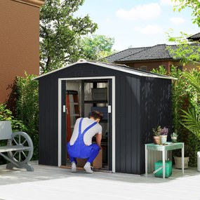 Zahradní shed Outsunny 2,42m² s posílenou základnou bez podlahy 213x130x185 cm s posuvnými dveřmi a střešním oknem 4 okna pro skladování nářadí Tmavě…