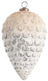 Bílá vánoční ozdoba v tvaru šišky s patinou a odřeninami XL – 13x20 cm