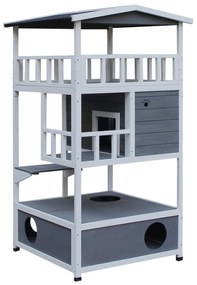 Domeček pro kočky PawHut s toaletou, čtyřpatrový, kočičí domek s balkonem, kočičí vila se schody, asfaltová střecha, masivní dřevo, šedá barva, 78 x …