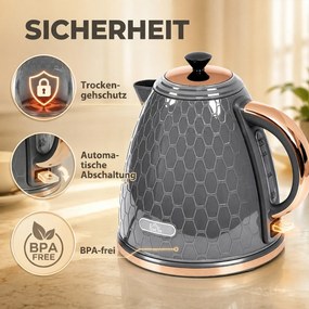 HOMCOM Rychlovarná konvice, 2200 W, průhledné okénko, filtr, rychlovarná, šedá