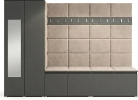 Předsíňová stěna Trinity 9 s čalouněnými panely, 290 cm, grafit/ tmavě krémová