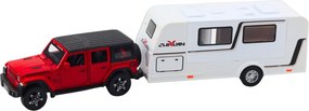 LEAN Toys Sada: terénní auto, karavan, kovové, pohon, světla, zvuky, červená, 1:32