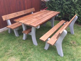Výhodný set betonového stolu a 2 laviček Pekárek Barva prken: Prkna bez barvy (neošetřené), Ošetření betonových nohou: S povrchovou úpravou (penetrac…