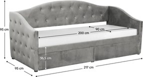 Postel s úložným prostorem, 90x200, šedá Velvet látka, ZASKA