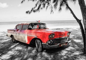 Postershop Fototapeta vliesová: Kuba červené auto u moře - 184x254 cm