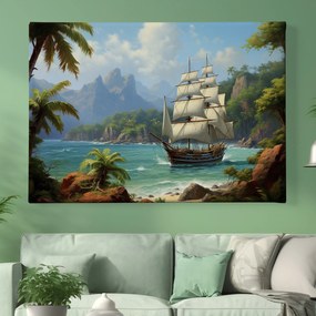 Obraz na plátně - Velká plachetnice kotví u tropického ostrova FeelHappy.cz Velikost obrazu: 120 x 80 cm
