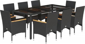 9dílný zahradní jídelní set s poduškami černý polyratan a sklo 3278650