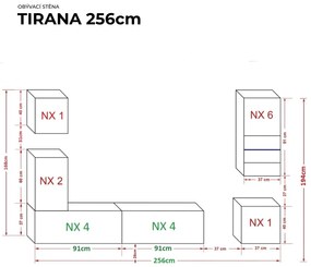 Ral Obývací stěna TIRANA 256 cm - Černý lesk