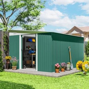 Outsunny Kovový zahradní domek se šikmou střechou a zamykatelnými dvojitými dveřmi 2,8 x 3,45 x 2,01 m, zelený