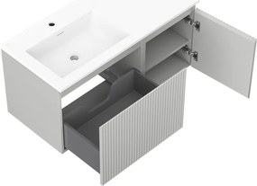Mexen Rivel, koupelnová skříňka 100 cm s levým umyvadlem Otis, 1S, 1D, drážkovaná, šedá matná/bílá matná - 91A23-10047-3-BBFF62-W18L01