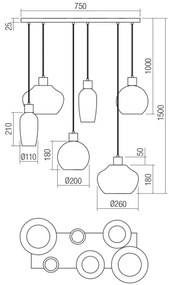 Redo 01-4047 - Lustr na lanku ATLANTIS 6xE27/42W/230V černá