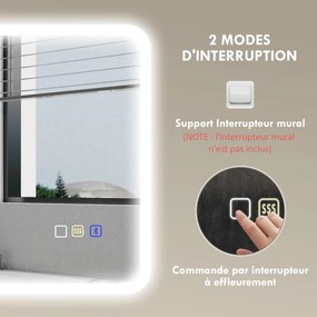 HOMCOM koupelnové zrcadlo LED Bluetooth 50 x 70 cm, dotykový spínač, nastavitelné světlo 3 barvy, proti zamlžení, paměť, stříbrné