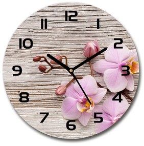 Wallmuralia Skleněné hodiny kulaté Orchidej na dřevě fi 30 cm