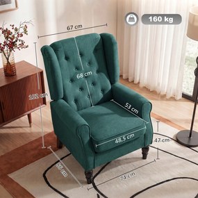 HOMCOM Křeslo do Obývacího Pokoje, Opěrka s Knoflíky a Dřevěné Nohy, Široké Sedadlo, Skvělý Komfort, Klasický Styl, 74 x 86 x 102 cm, Zelené