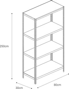 Bezšroubové kovové regál 250x80x30cm L profil, 4 police