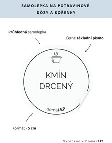 Samolepka na kořenky KMÍN DRCENÝ průhledná 5 cm základní písmo