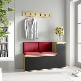 Eka Předsíňová stěna s čalouněnými panely Trinity 25 - Dub Artisan s černou / Rubínová 2324