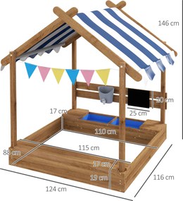 Pískoviště s ochranou proti slunečnímu záření, design domečku na hraní, se sadou hraček, opracované masivní dřevo, 124 x 116 x 146 cm, hnědá barva