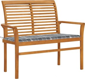 vidaXL Marketos Zahradní lavice s šedou károvanou poduškou 112 cm masivní teak