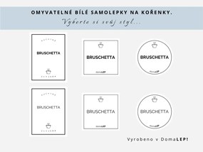 BRUSCHETTA - omyvatelná samolepka na kořenky, výběr rozměrů Ø 5 cm / 5 x 5 cm / 6 x 8 cm | DomaLEP tvar: KOLEČKO, barva: BÍLÁ - ČERNÉ písmo, velikost: Ø 5 cm - tučné písmo