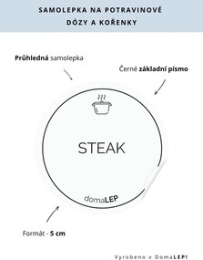 Samolepka na kořenky STEAK průhledná 5 cm základní písmo