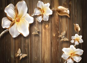Malvis ® Tapeta 3D květiny na dřevě Vel. (šířka x výška): 432 x 290 cm