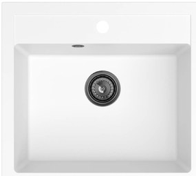 Sink Quality Ferrum, kuchyňský granitový dřez 565x510x205 mm + černý sifon, bílá, SKQ-FER.W.1K60.XB