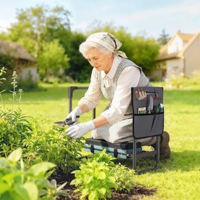 Outsunny skládací zahradní stolička s EVA polstrováním na kolena, přenosné sedátko s brašnou na nářadí, nastavitelné nohy, nosnost 150 kg — tmavě šedá