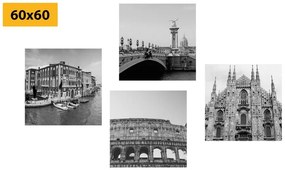 Set obrazů historická města v černobílém provedení - 4x 40x40 cm