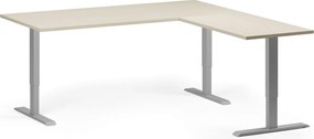 Rohový výškově nastavitelný stůl, 180x180 cm, 3 motory, L/P, šedá podnož, bříza