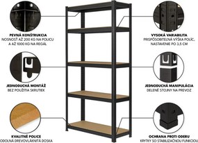 Regál 180x90x40 cm robustní lakovaný 5-policový, nosnost 100 kg - černý - 2ks