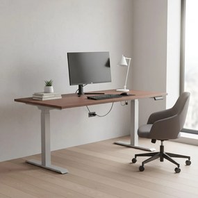 Výškově nastavitelný stůl OfficeTech D, 180 x 80 cm, šedá podnož, ořech