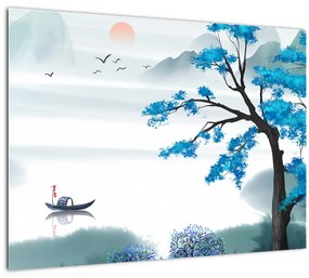 Skleněný obraz - Malované jezero s loďkou (70x50 cm)