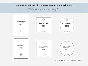 COUNTRY MIX - omyvatelná samolepka na kořenky, výběr rozměrů Ø 5 cm / 5 x 5 cm / 6 x 8 cm | DomaLEP tvar: OBDÉLNÍK, barva: BÍLÁ - ČERNÉ písmo, velikost: š. 6 cm x v. 8 cm - tučné písmo