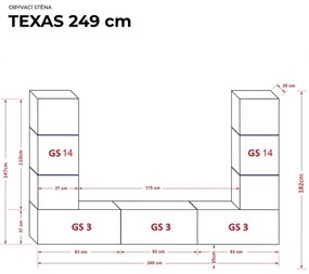 Ral Obývací stěna TEXAS 2, 249 cm - Černý lesk