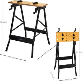 Skládací pracovní stůl DURHAND s hmoždinkami a 2 kličkami jako podpěra s nosností 100 kg, 60,5 x 62,5 x 78,5 cm - Přirozená a Černá