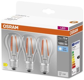 3 ks průhledná LED žárovka E27 7,5 W CLASSIC A, studená bílá