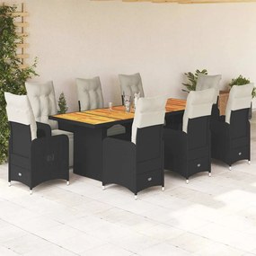 9dílný zahradní bistro set s poduškami černý polyratan 3277289