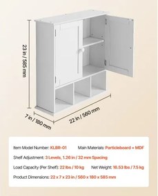 Koupelnová nástěnná skříňka, 2 dveře a nastavitelná police VEVOR – 560 × 180 × 585 mm